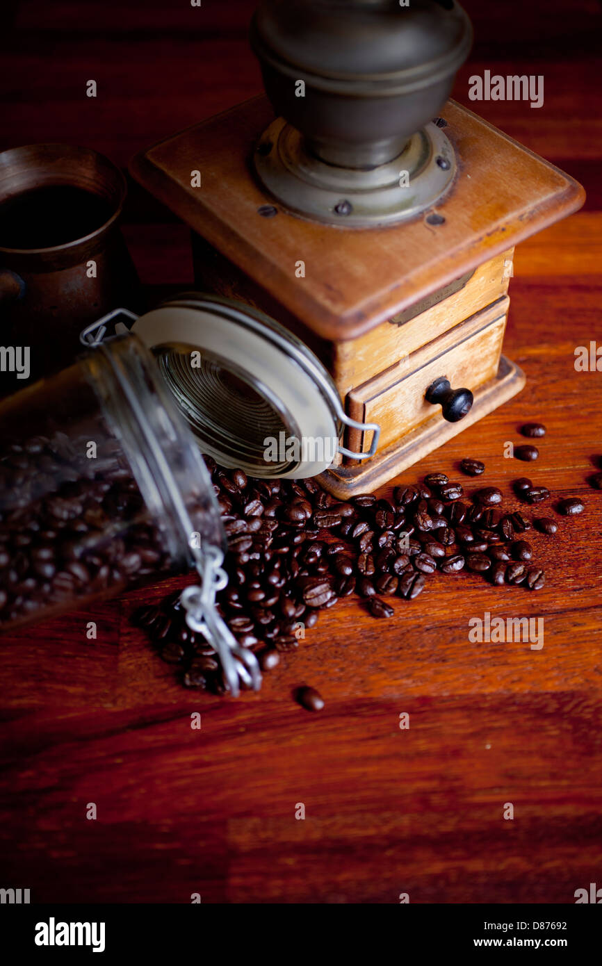 coffee still life with jar and grinder Stock Photo - Alamy