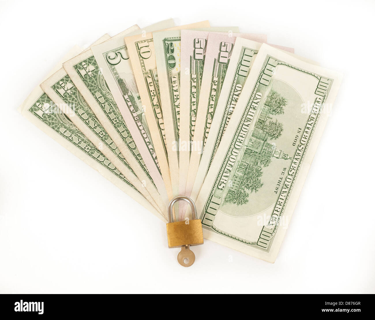 American dollars cash with padlock isolated on a white background ...