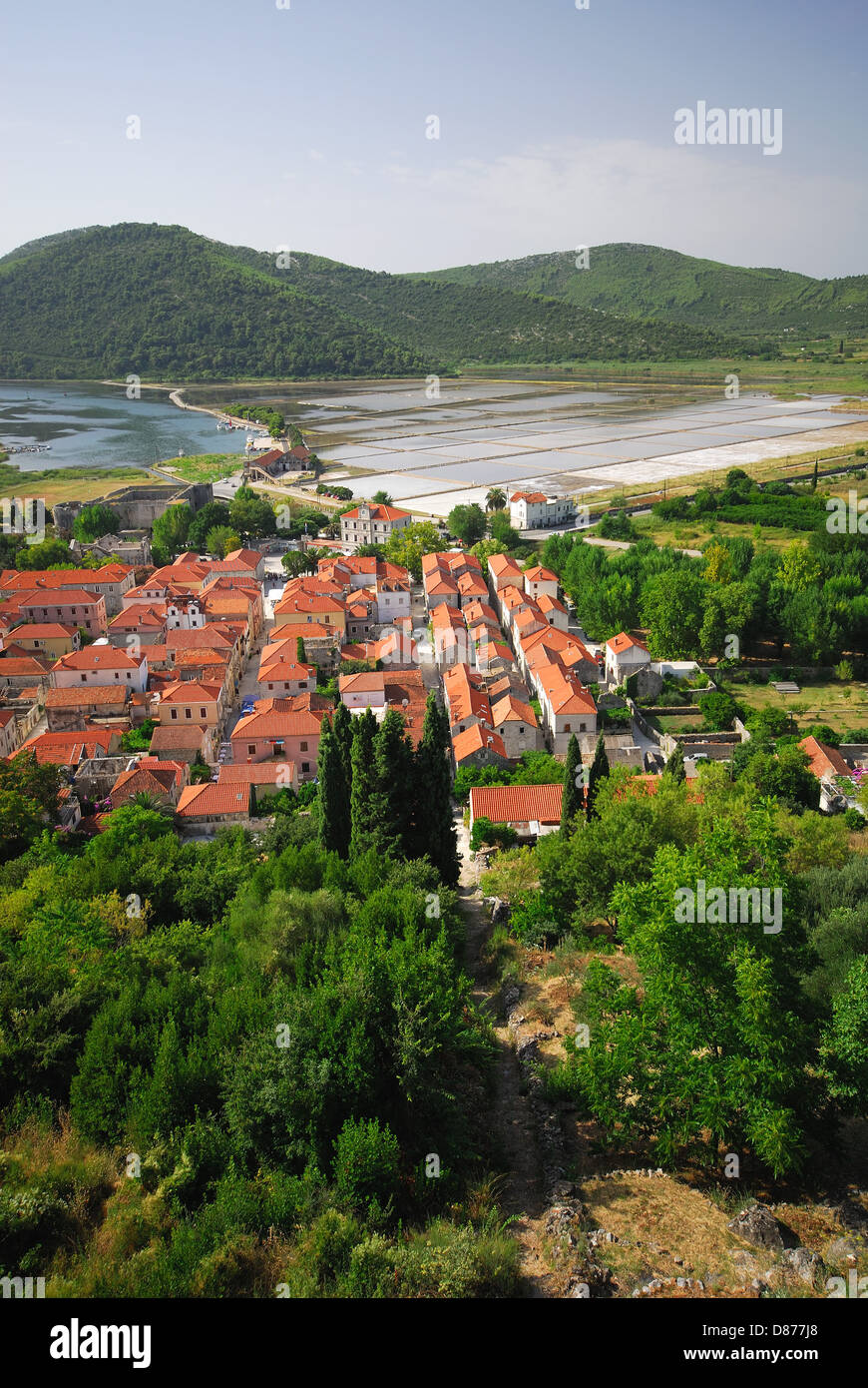 STON, CROATIA. An elevated view of the town, the salts pans and the ...