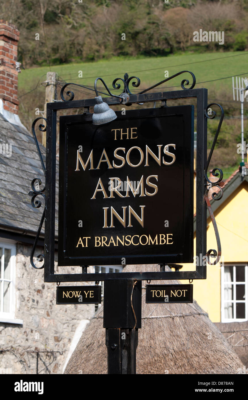 The Masons Arms Inn sign, Branscombe, Devon, England, UK Stock Photo ...
