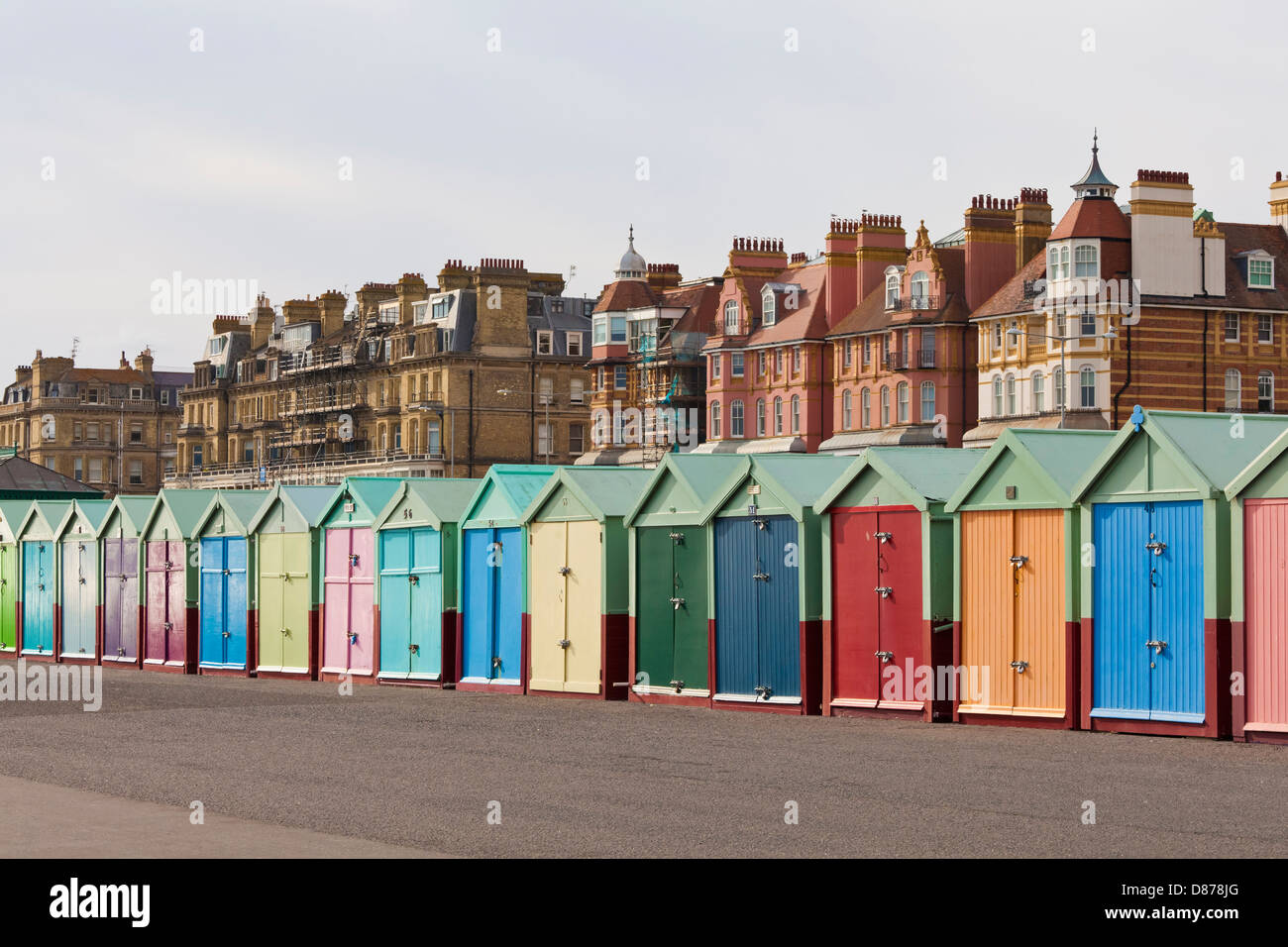 England, Sussex, Brighton, Coloured bathing huts at seafront Stock ...