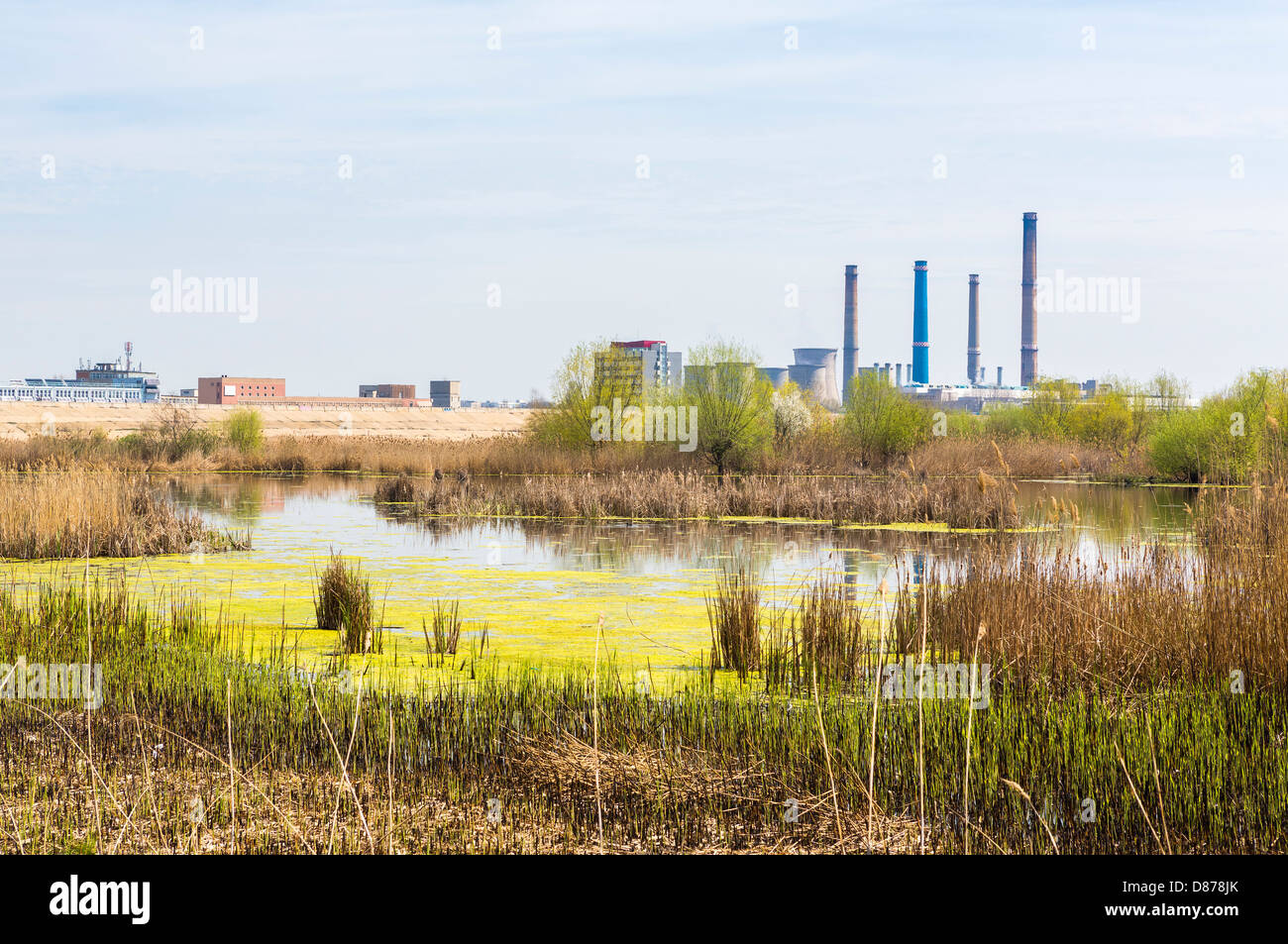 Industrial suburbs with power plant smokestacks near large aquatic ...