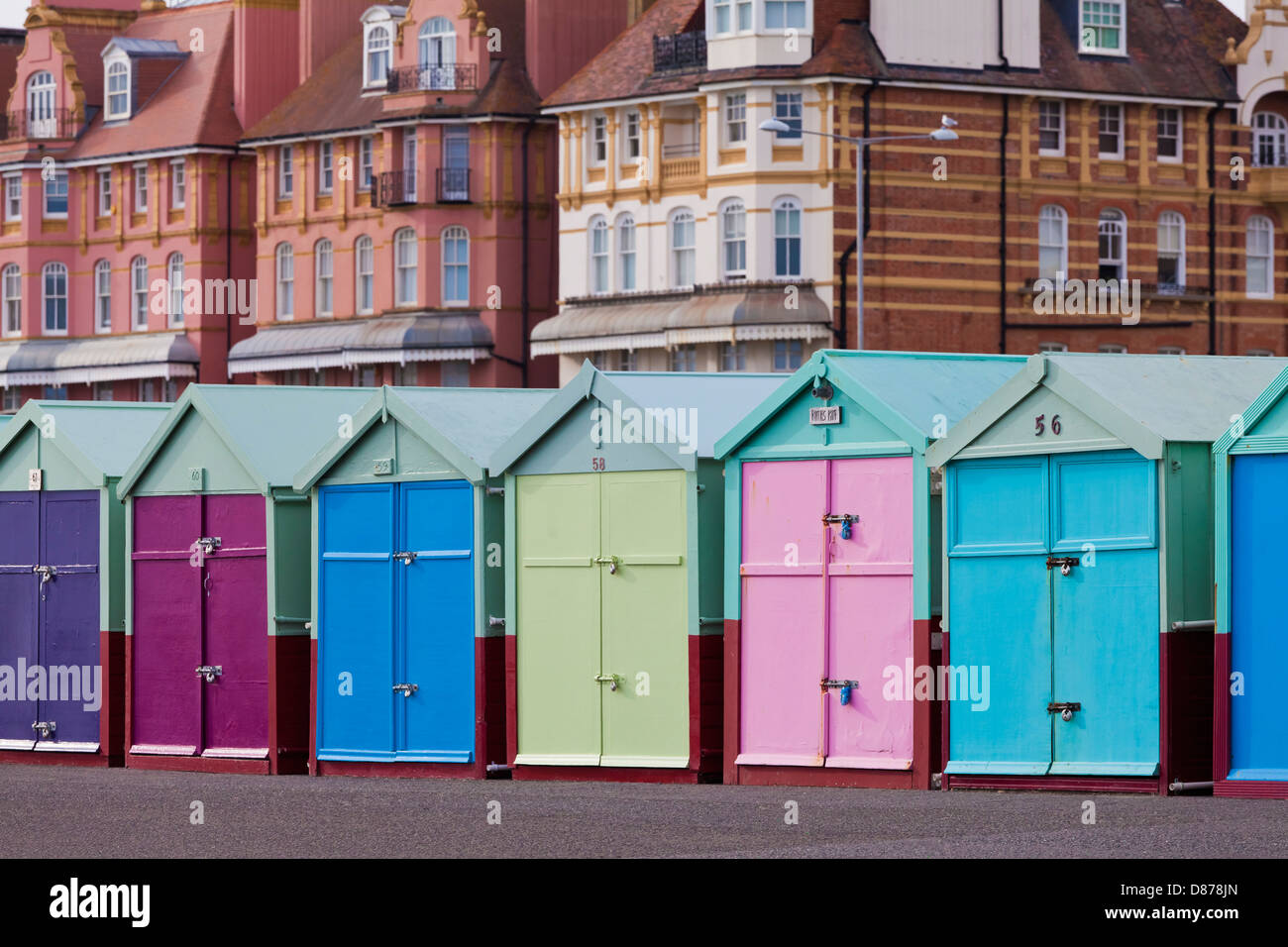 England, Sussex, Brighton, Coloured bathing huts at seafront Stock ...