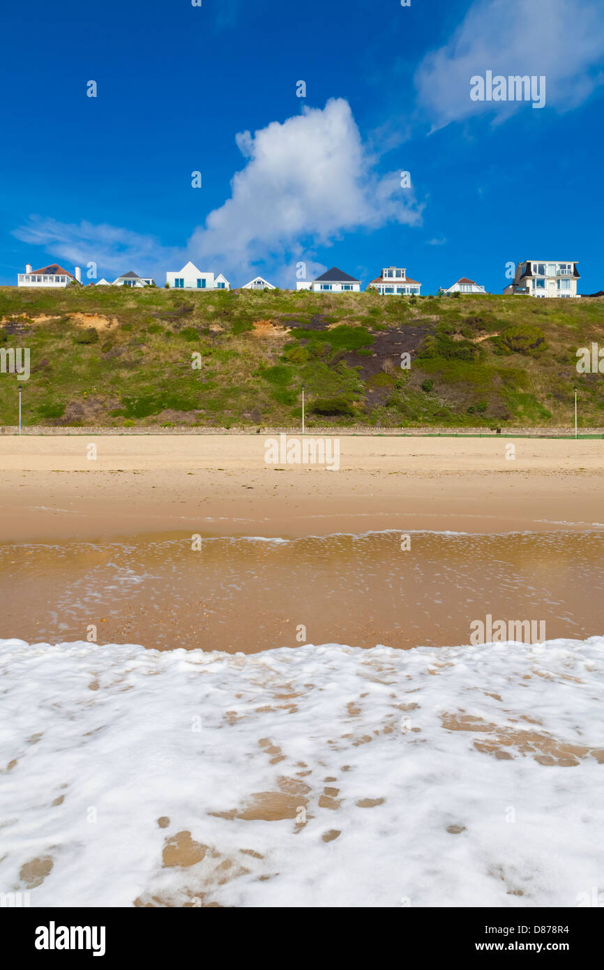 England, View of beach at Bournemouth and Mansion in background Stock ...