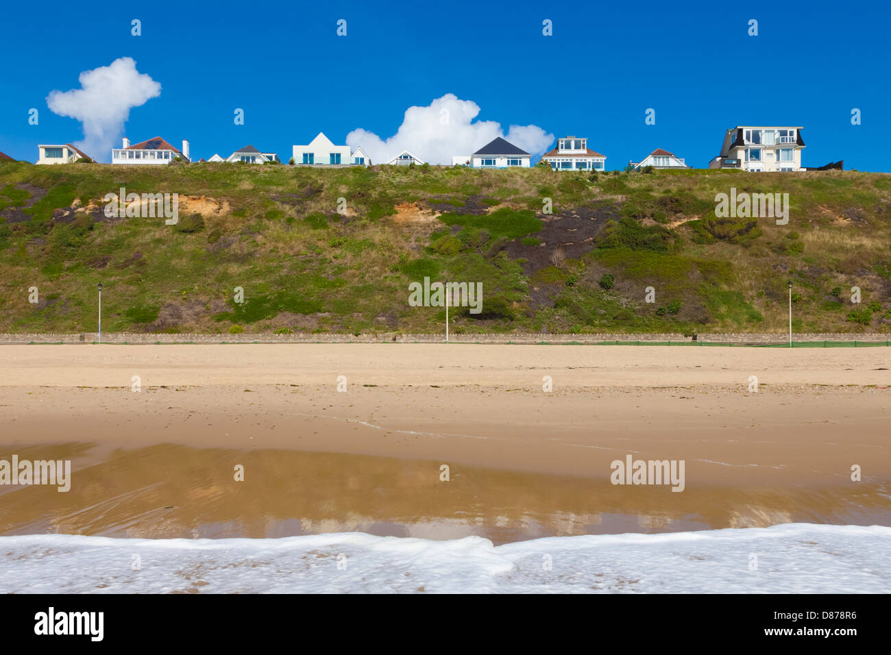 England, View of beach at Bournemouth and Mansion in background Stock ...