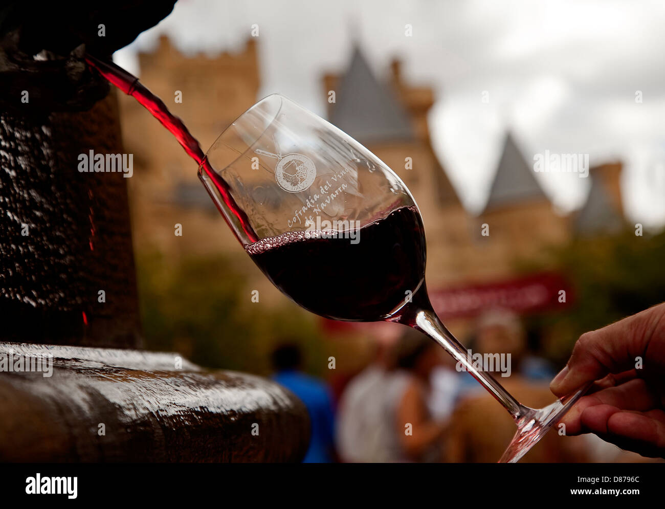 Red wine splashing into wine glass. Olite Vintage celebration. Navarre ...