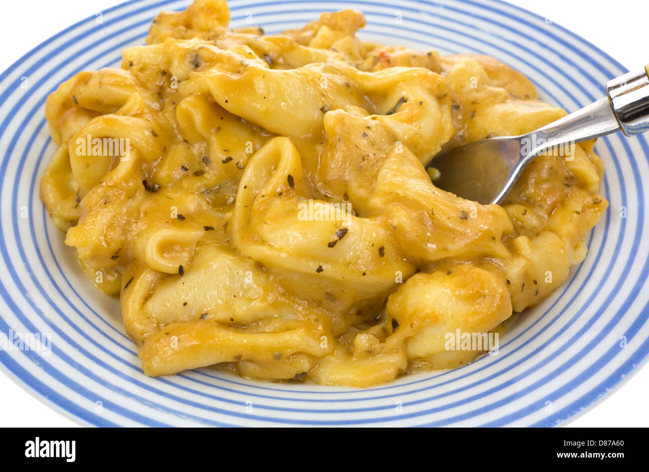 A close view of a small serving of tortellini with basil and cheese on ...