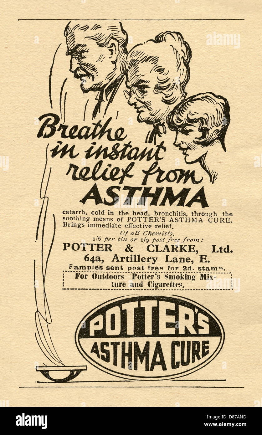 1928 advert Potter's asthma cure remedy - claiming to bring relief. The ...