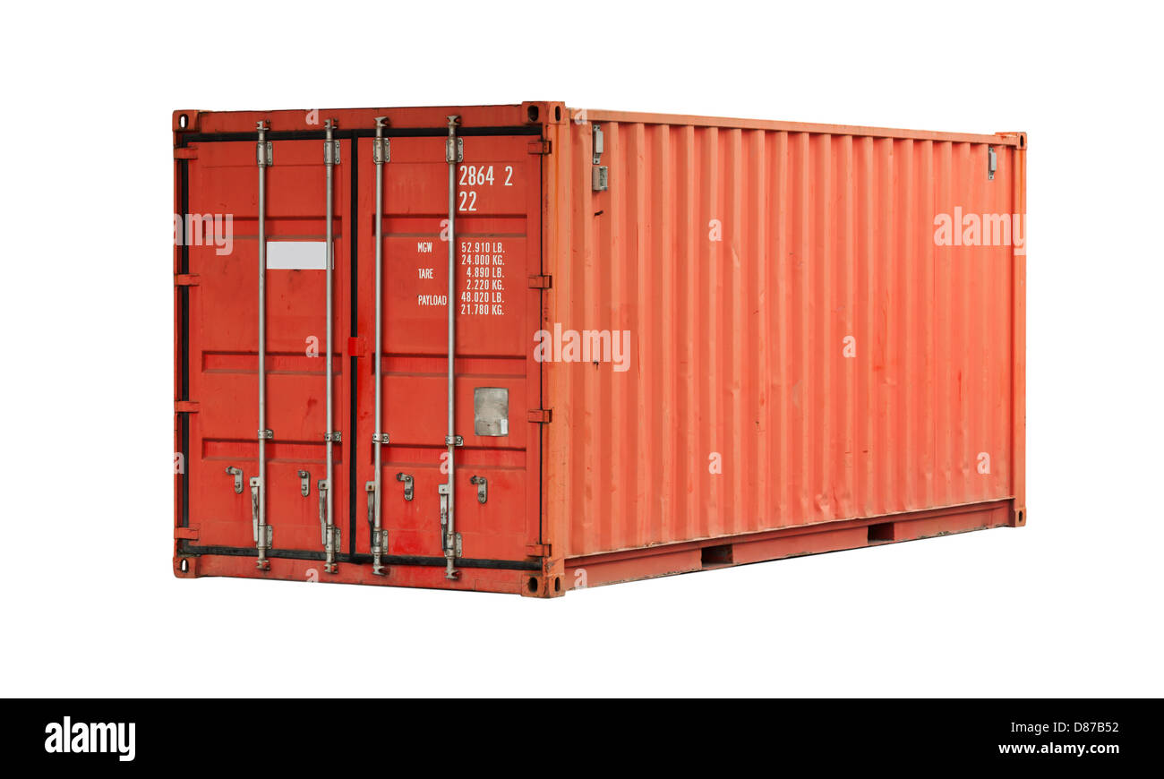 Bright red freight shipping container isolated on white Stock Photo - Alamy