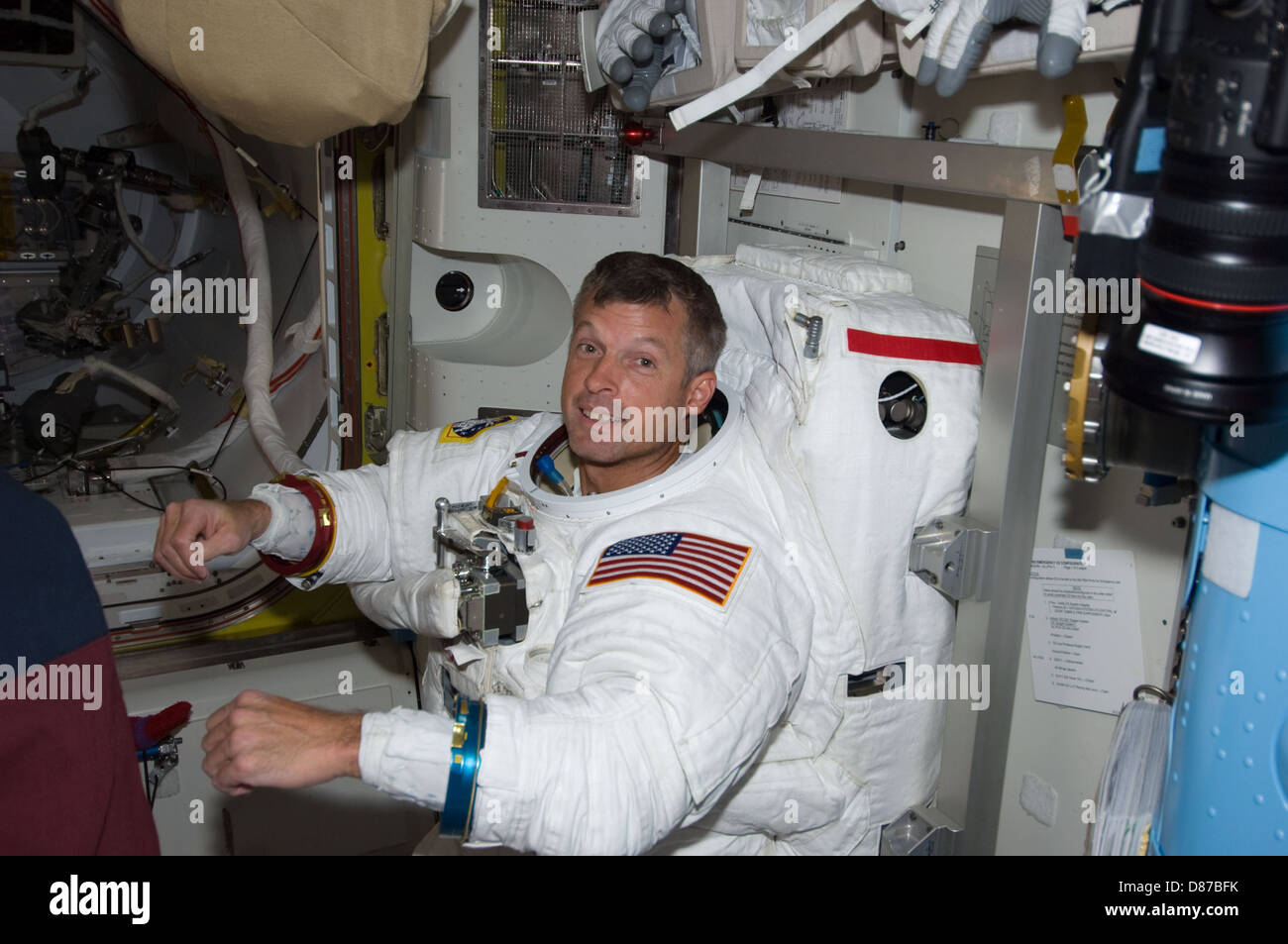 NASA astronaut Steve Swanson is seen after completing a spacewalk during STS-119 aboard the ...