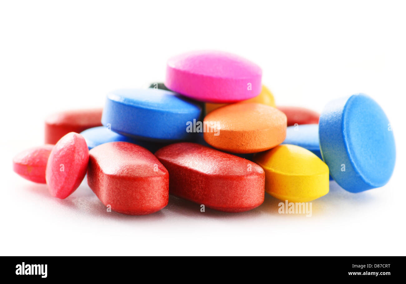 Composition with drug pills isolated on white background Stock Photo ...