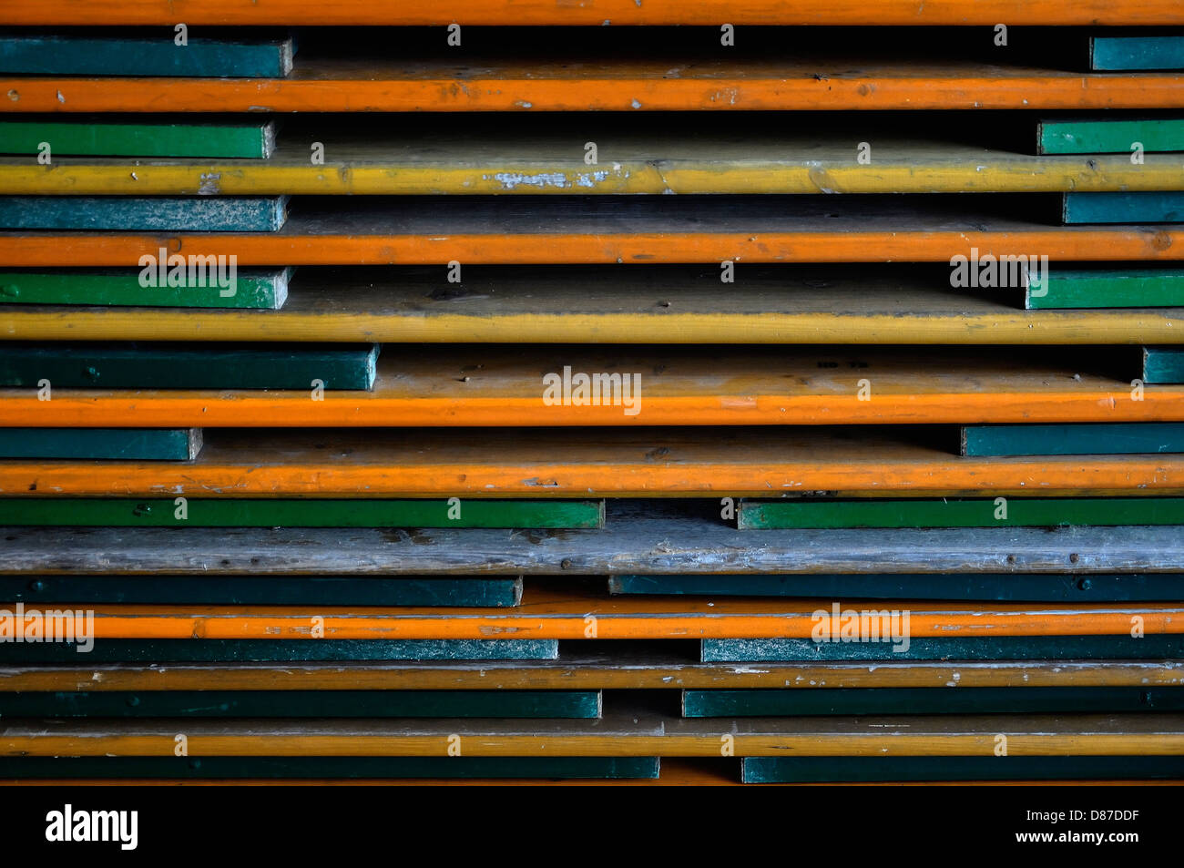Germany, Bavaria, Folded benches and tables at beer garden Stock Photo ...