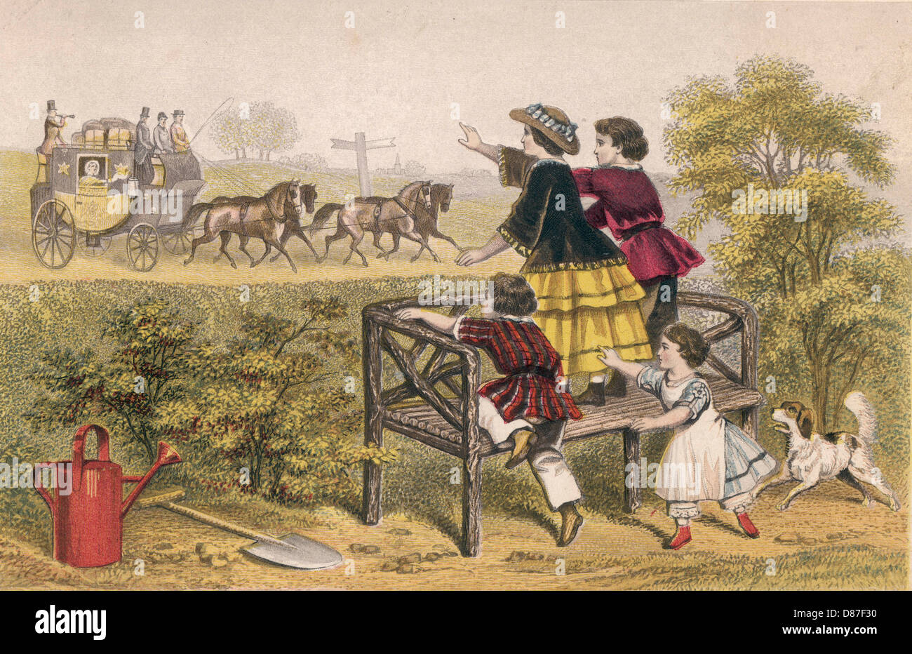 Children Wave Stagecoach Stock Photo - Alamy