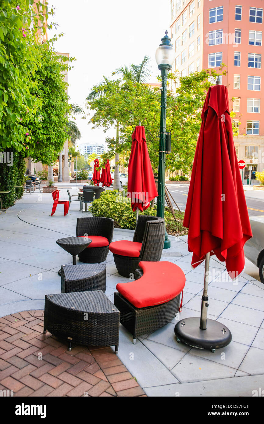 Empty fashion seating outside a cafe in downtown Sarasota FL Stock ...