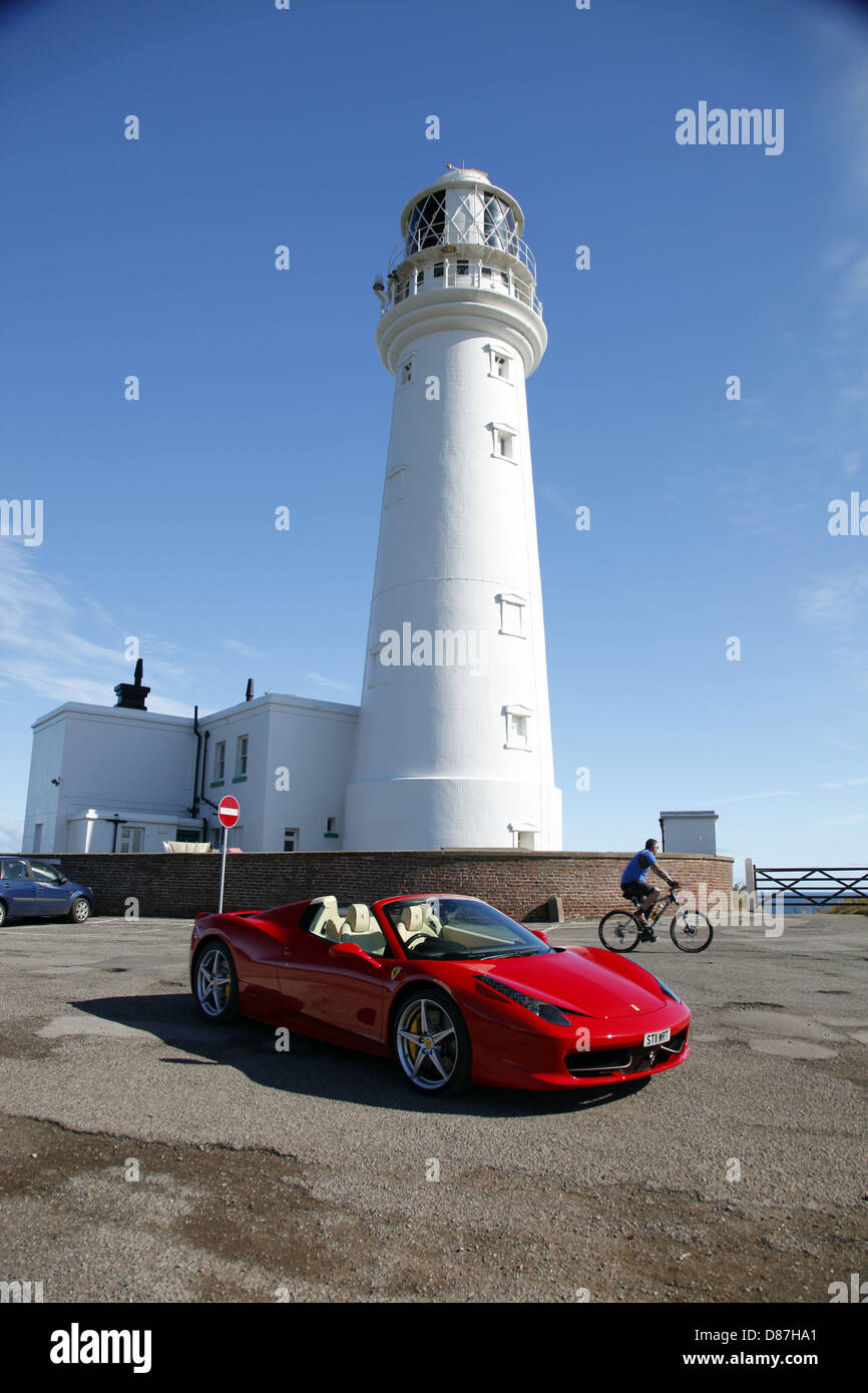RED FERRARI 458 SPIDER CAR & WHITE LIGHTHOUSE FLAMBOROUGH HEAD NORTH ...