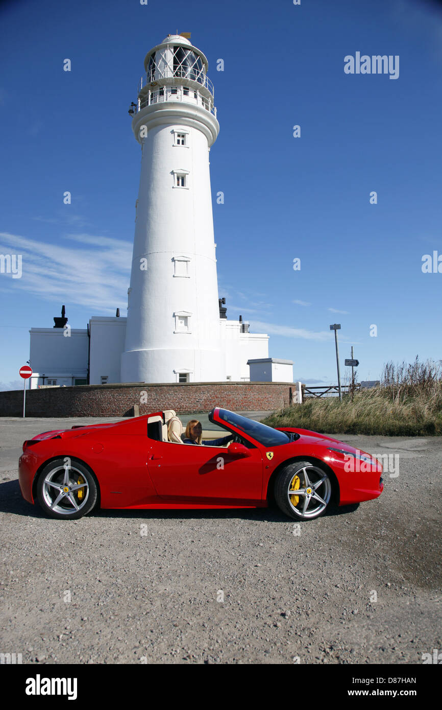 RED FERRARI 458 SPIDER CAR & WHITE LIGHTHOUSE FLAMBOROUGH HEAD NORTH ...