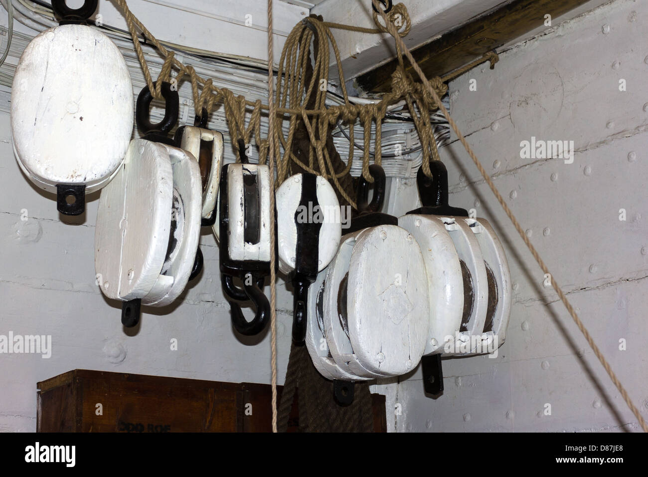 Block and tackle used for rigging and ropes RRS Discovery .Dundee ...