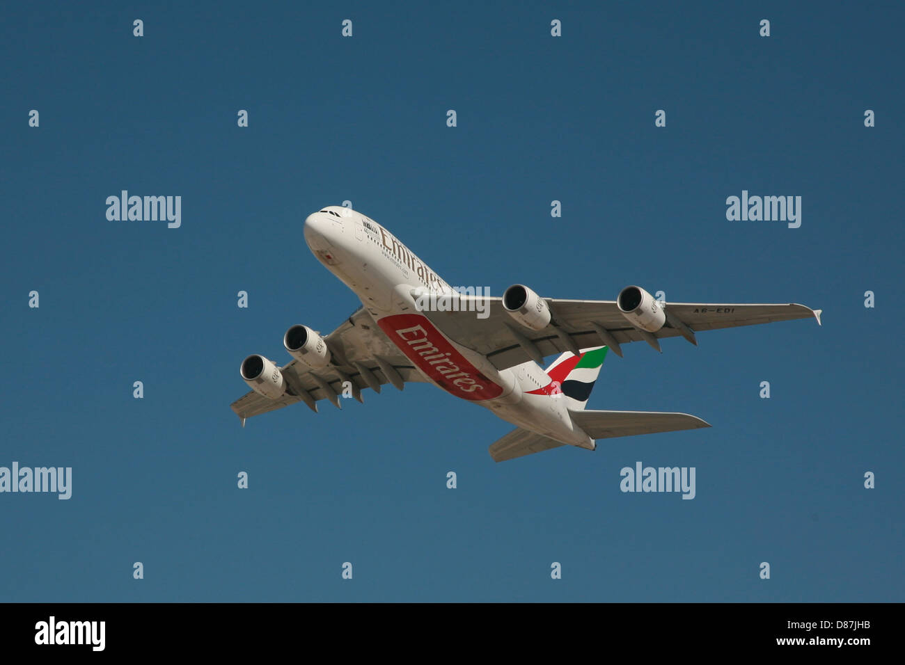 Emirates A380 plane Airborne UAE blue sky Stock Photo - Alamy