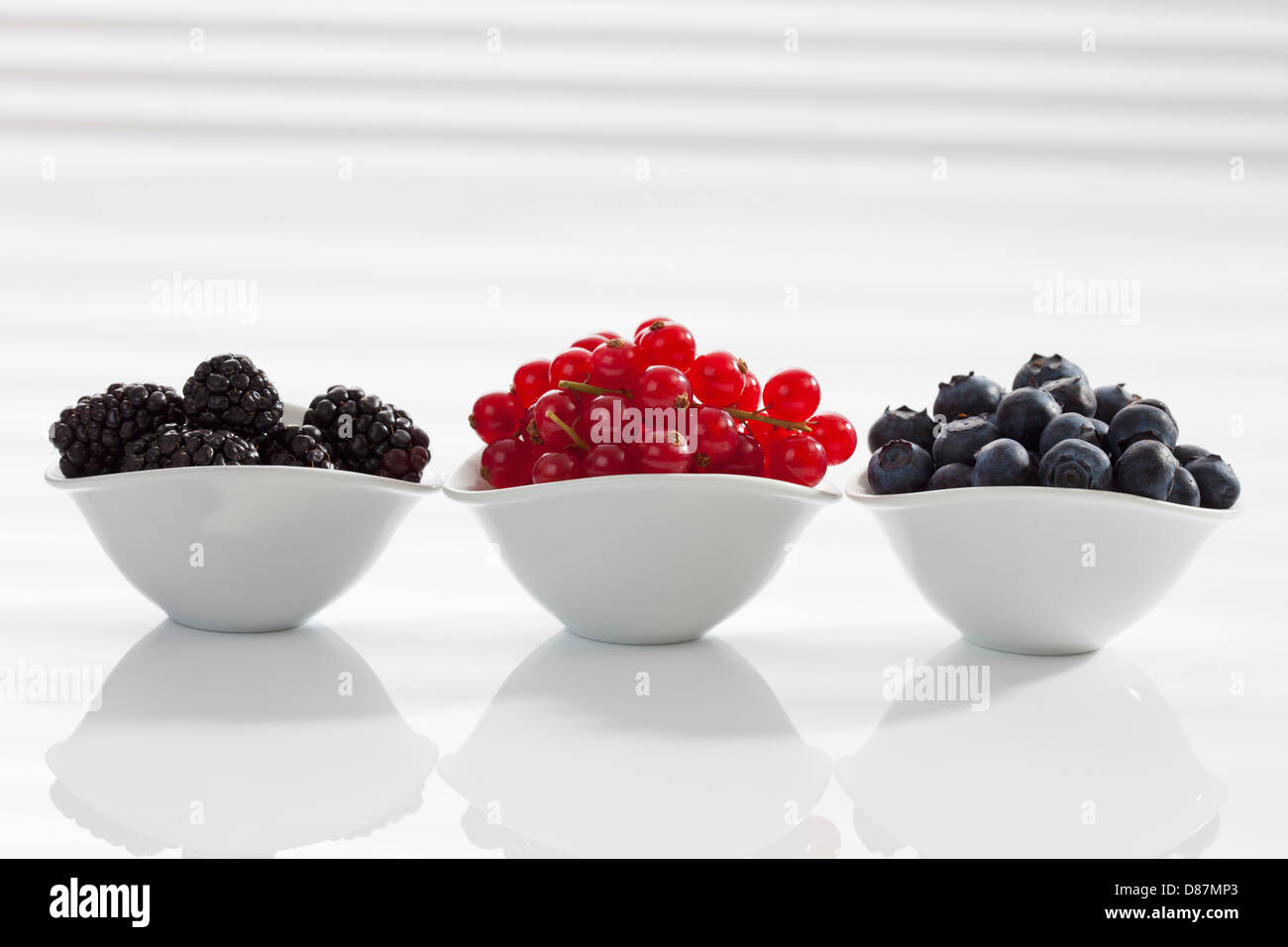 Currants, cherries and blue berries in bowls on white background, close ...