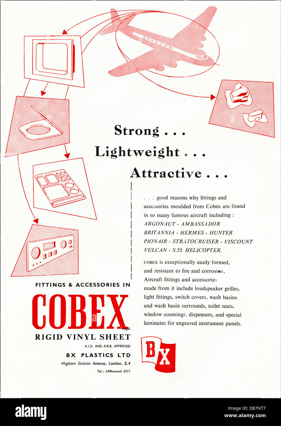 Advert for COBEX rigid vinyl sheet by BX PLASTICS LTD used in aircraft ...
