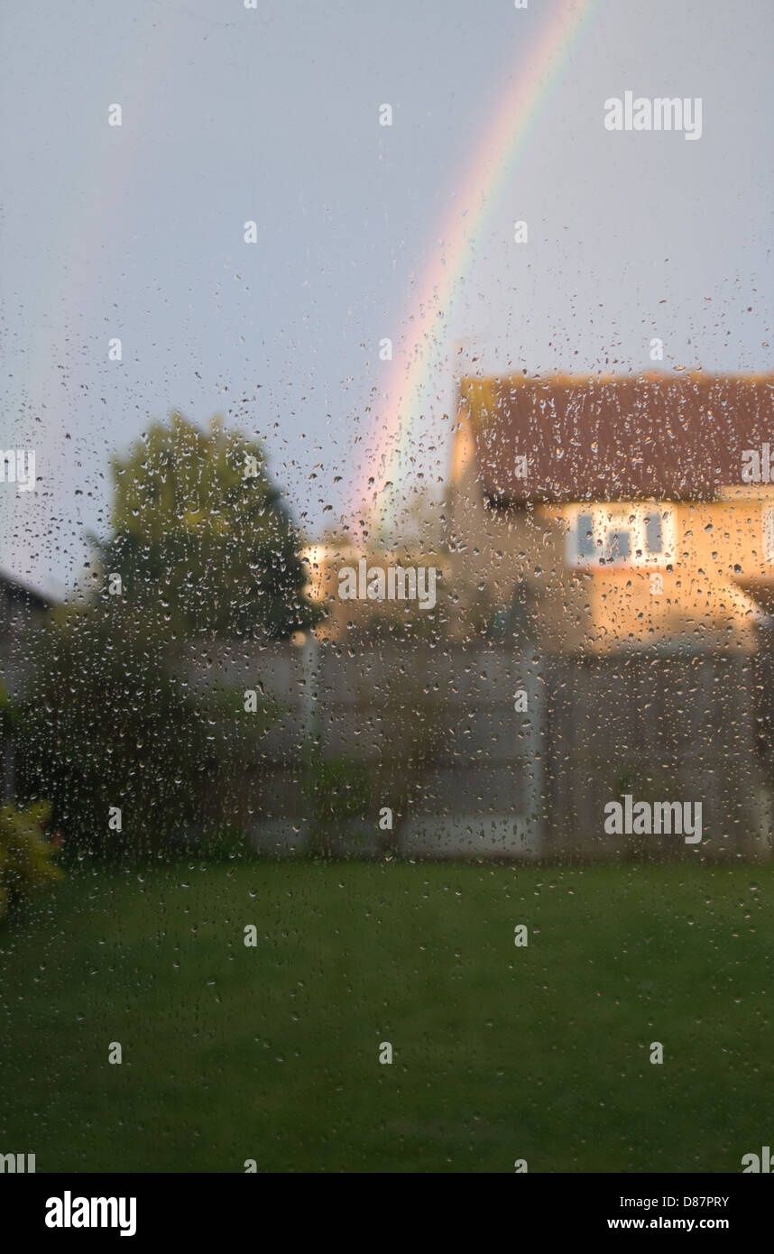 A double rainbow viewed through a rain covered window in Harold Wood ...