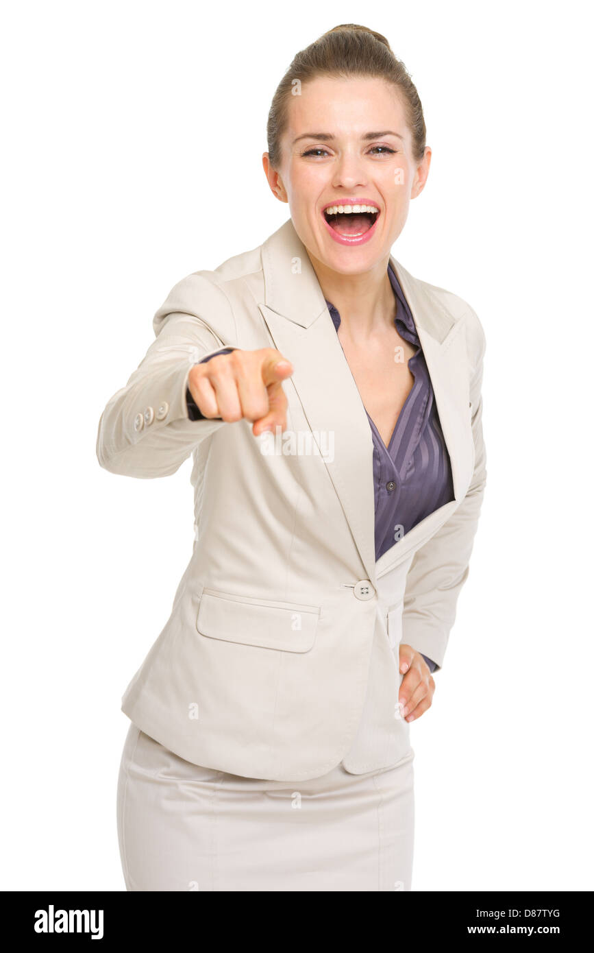 Happy business woman pointing in camera Stock Photo - Alamy