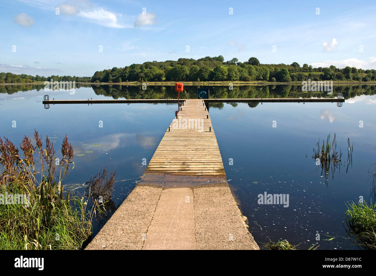 Galloon Island wooden Jetty with Lifebuoy, Upper Lough Erne, Fermanagh ...