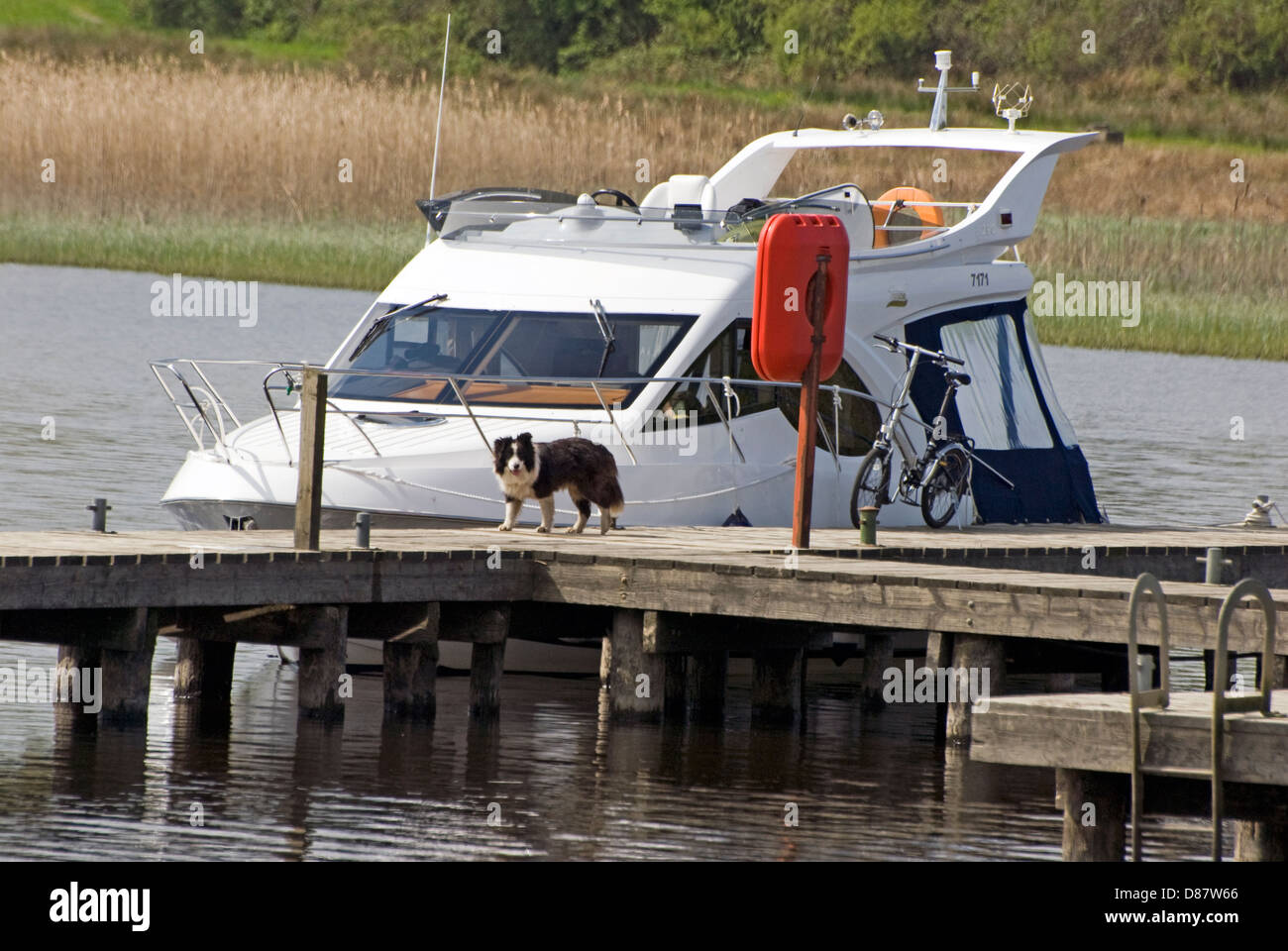 Cruising Boat moored at jetty, Upper Lough Erne, County Fermanagh ...