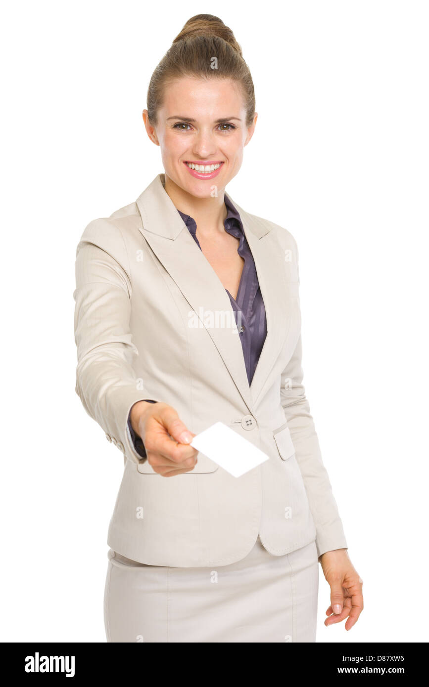 Happy business woman giving business card Stock Photo - Alamy