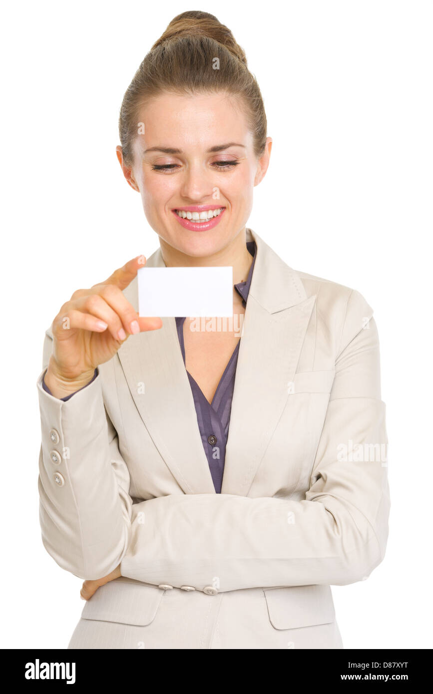 Happy business woman reading business card Stock Photo - Alamy