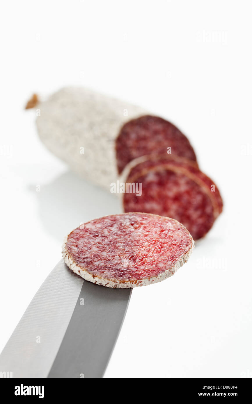 Hungarian Salami on white background, close up Stock Photo - Alamy
