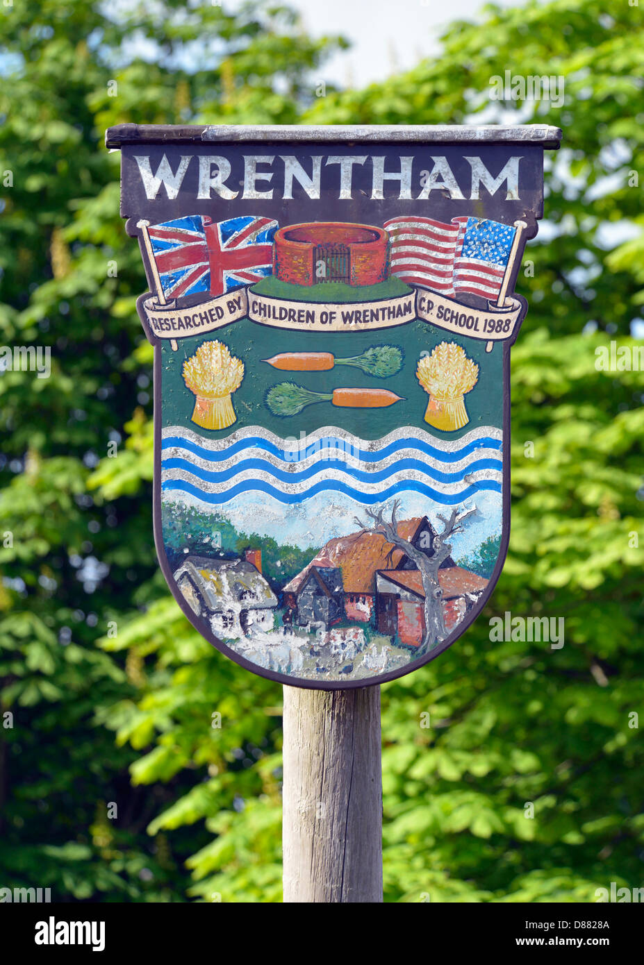 Village sign. Wrentham, Suffolk, England, United Kingdom, Europe Stock ...