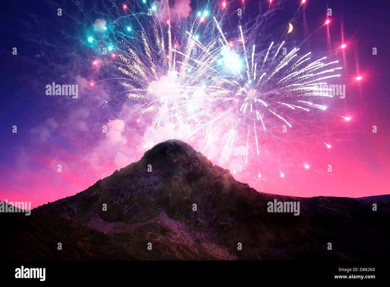 fireworks over the mountain top- conceptual collage for celebration ...