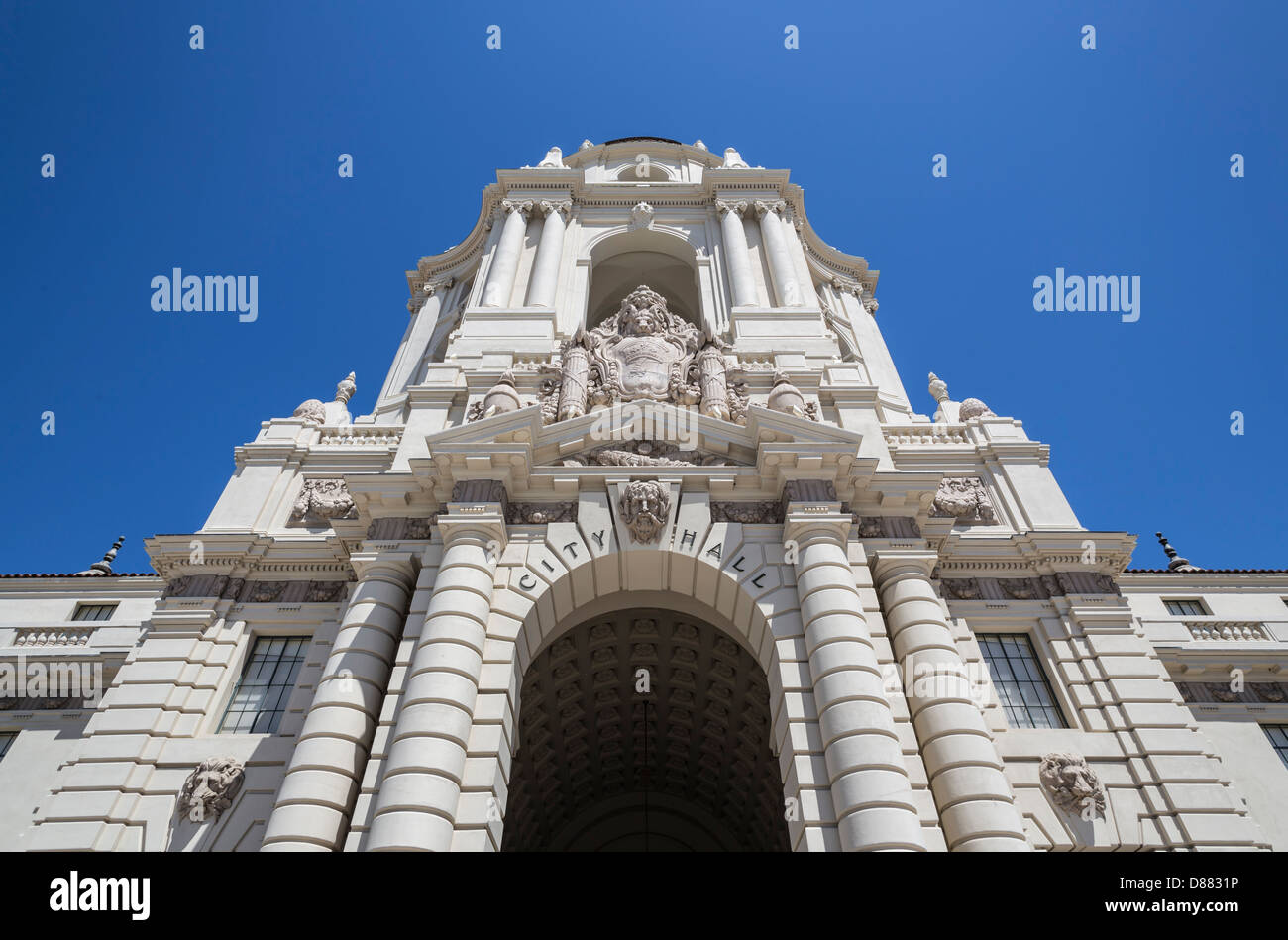 Grand entrance to the historic Pasadena city hall building in southern ...
