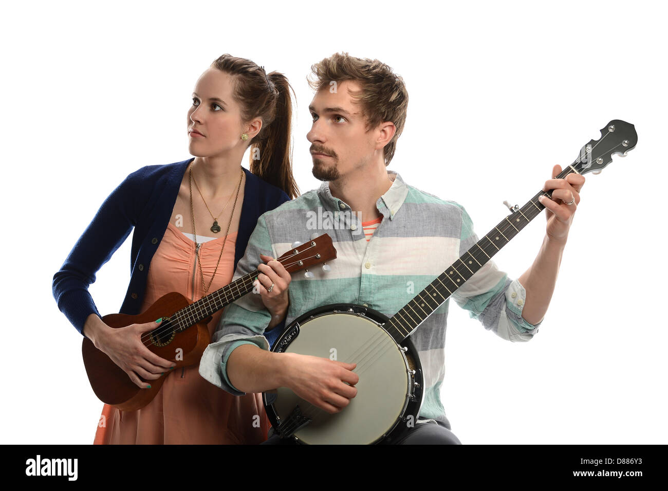 Woman playing ucalaly and man playing banjo isolated over white ...