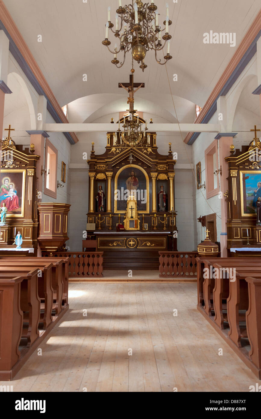Inside 18th-century timber church with a belfry from Drążdżewo village ...