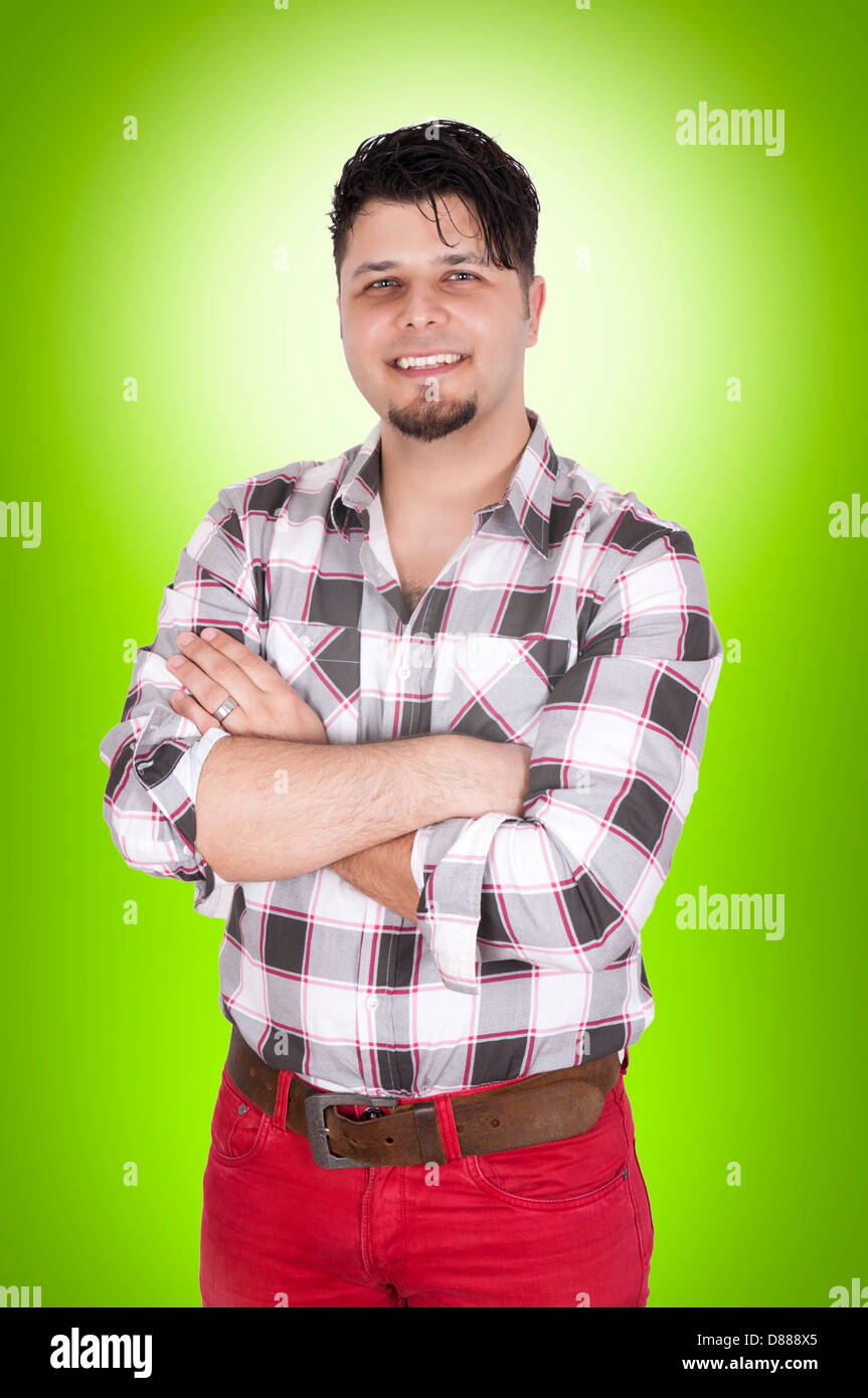 Man with big smile and crossed hands Stock Photo - Alamy