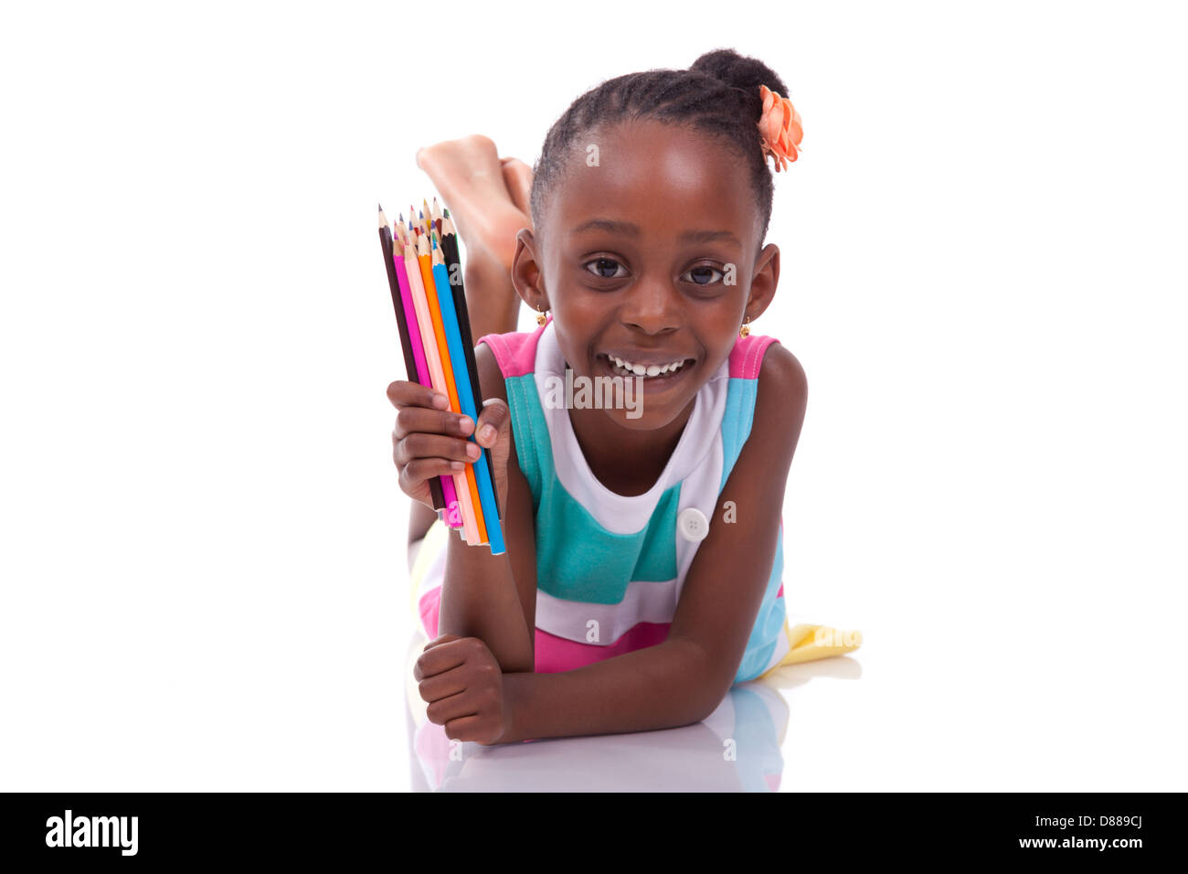 Cute black african american little girl holding color pencil, isolated ...