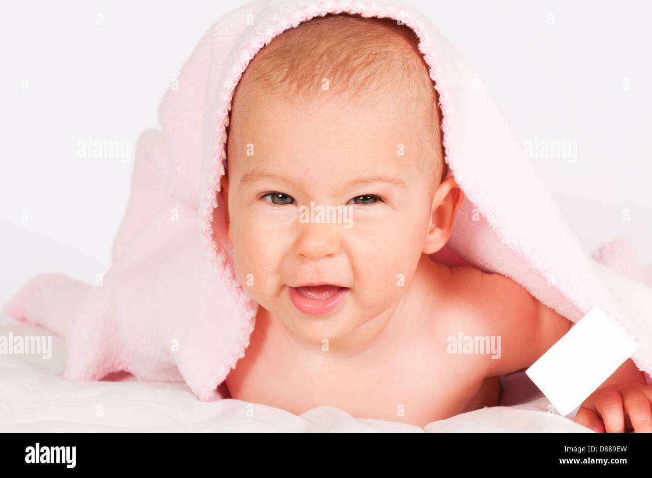Little baby girl under pink blanket with blank space on label Stock ... Little baby girl under pink blanket with blank space on label Stock ...