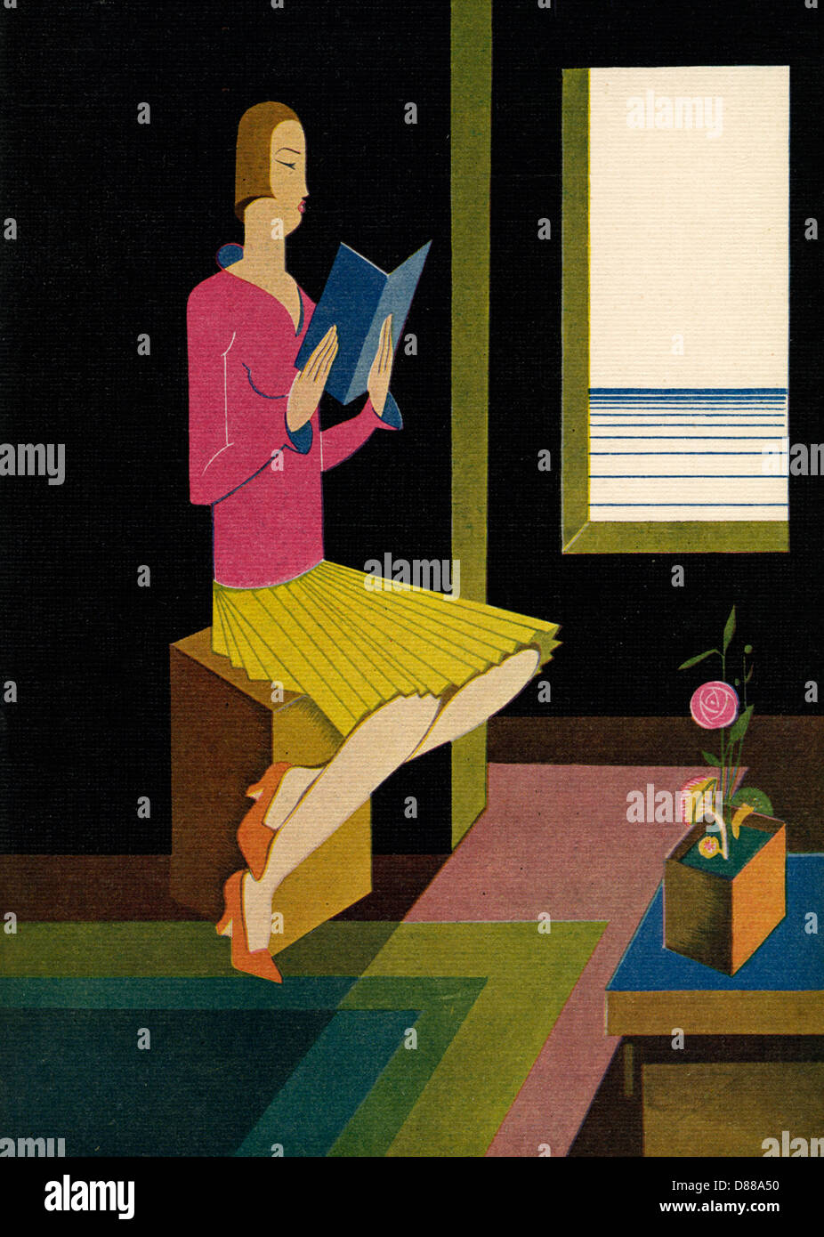 LADY READING ON A STOOL Stock Photo - Alamy