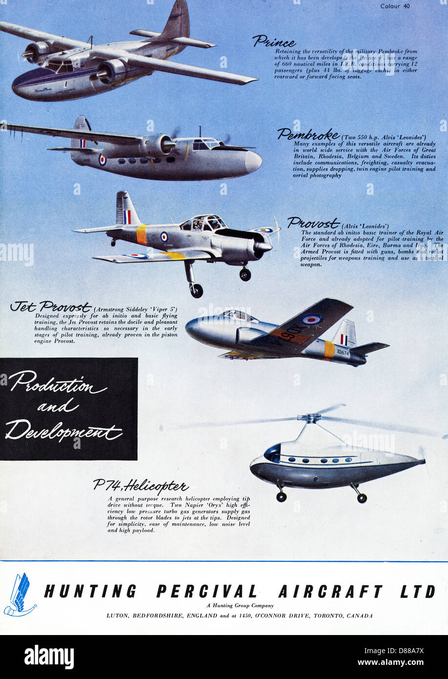 Advert for British aircraft manufacturer HUNTING PERCIVAL AIRCRAFT LTD ...