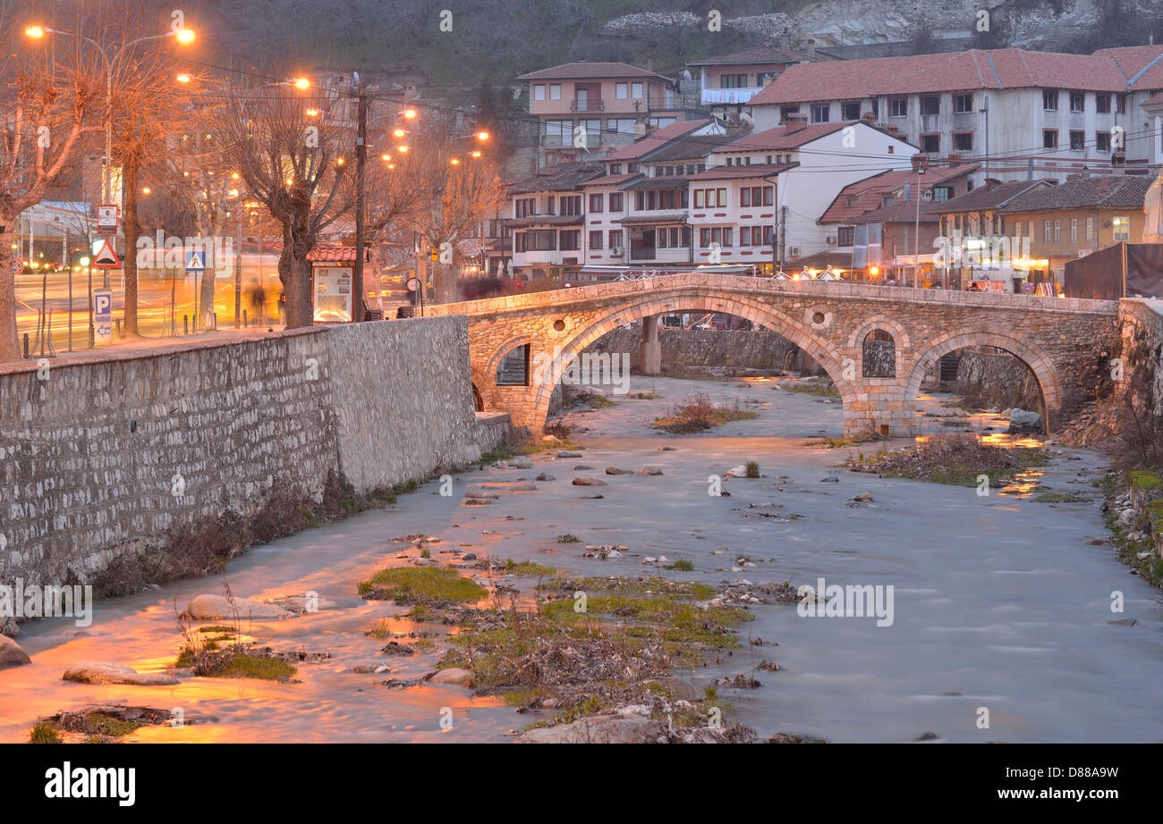 Prizrenska Bistrica river and Stone Bridge at dusk, Prizren, Kosovo ...