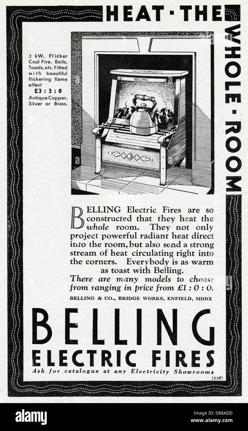 Advert for Belling eletctric fires 1931 Stock Photo - Alamy