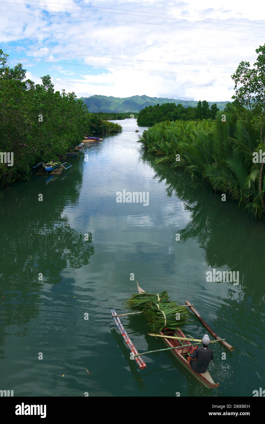 Outrigger canoes on the tropical river whit reed cargo Stock Photo - Alamy