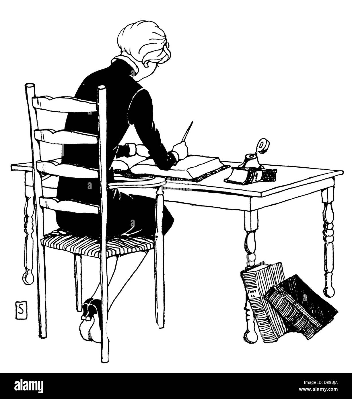 WOMAN WRITES AT TABLE Stock Photo - Alamy