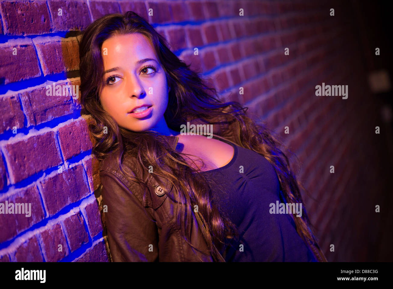 Portrait of a Pretty Mixed Race Young Adult Woman Against a Brick Wall ...