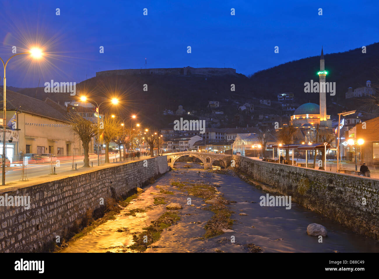 Prizrenska Bistrica river and Sinan Pasha mosque at dusk, Prizren ...