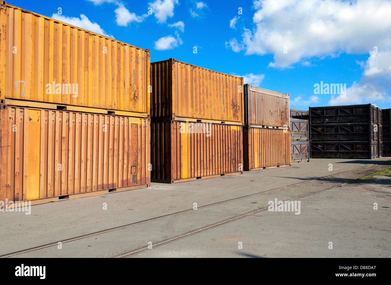 Metal containers in the open warehouse Stock Photo - Alamy
