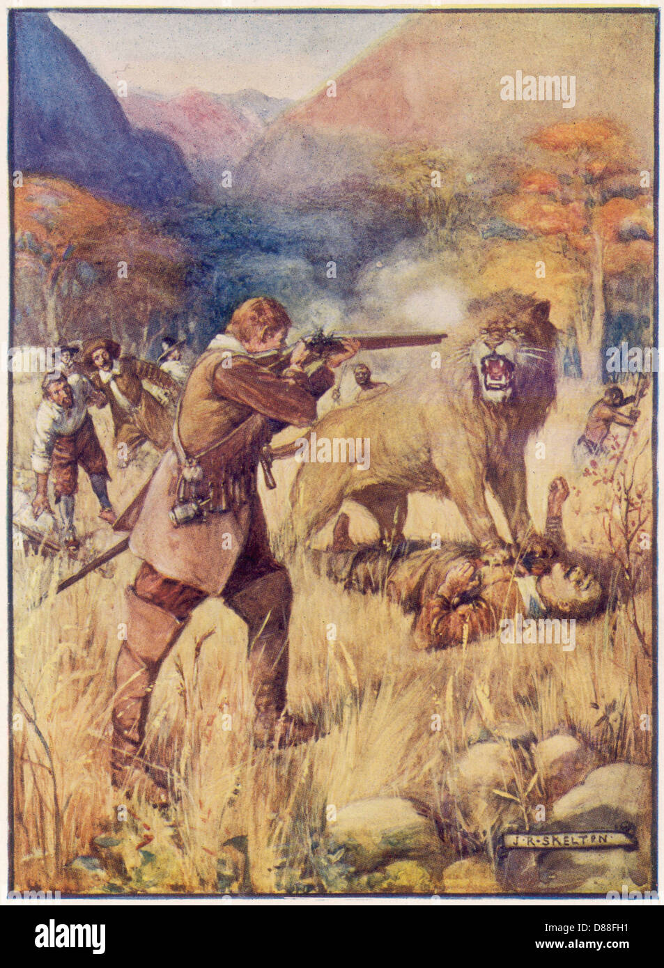 EXPLORERS MEET LION Stock Photo - Alamy