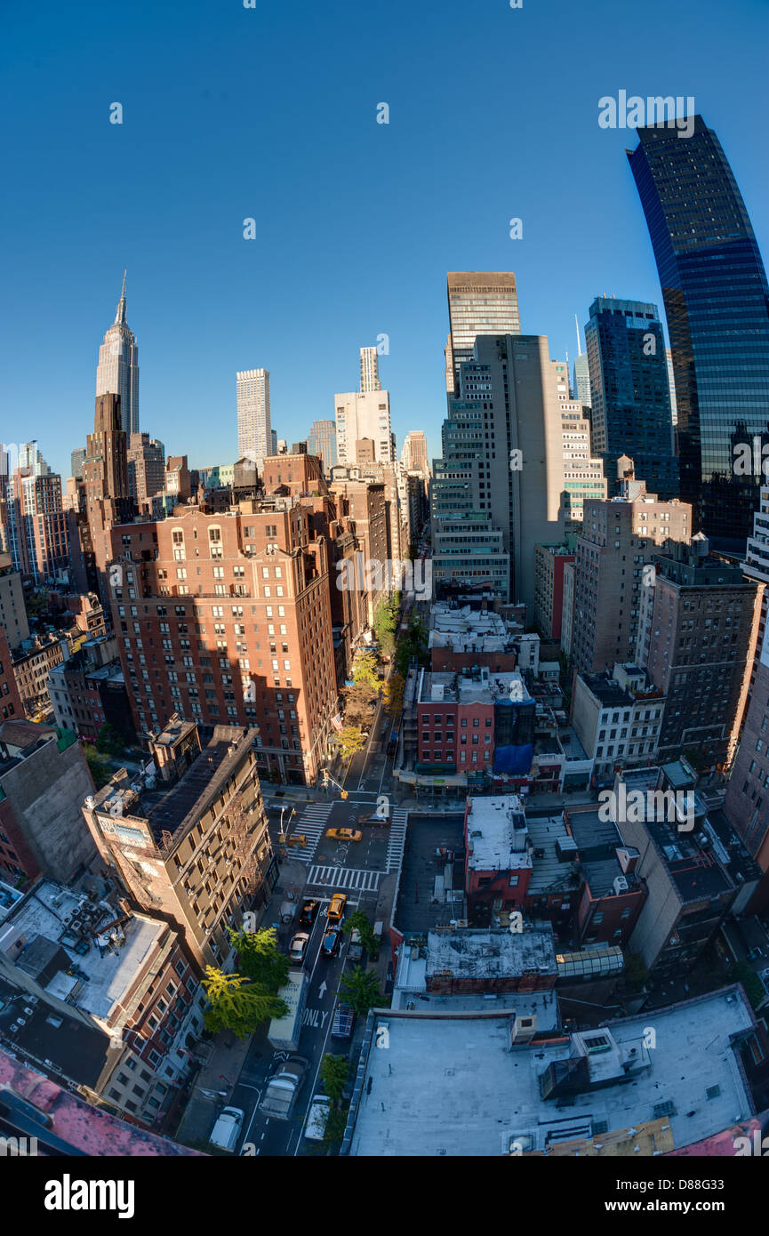A morning view of the midtown Manhattan skyline as seen from a rooftop ...